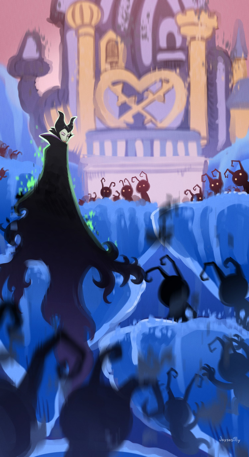 Safebooru - 1girl absurdres black cape black horns cape castle colored ...