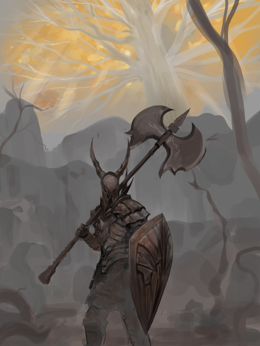 Safebooru - 1other ambiguous gender armor axe battle axe black knight (dark souls) breastplate ...