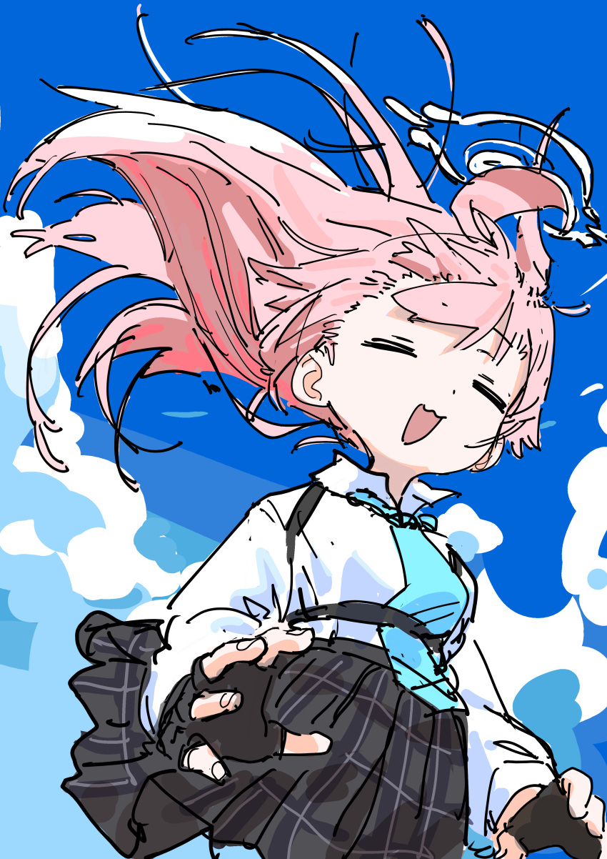 Safebooru - 1girl :3 absurdres ahoge black gloves black skirt blue archive blue necktie blue sky ...