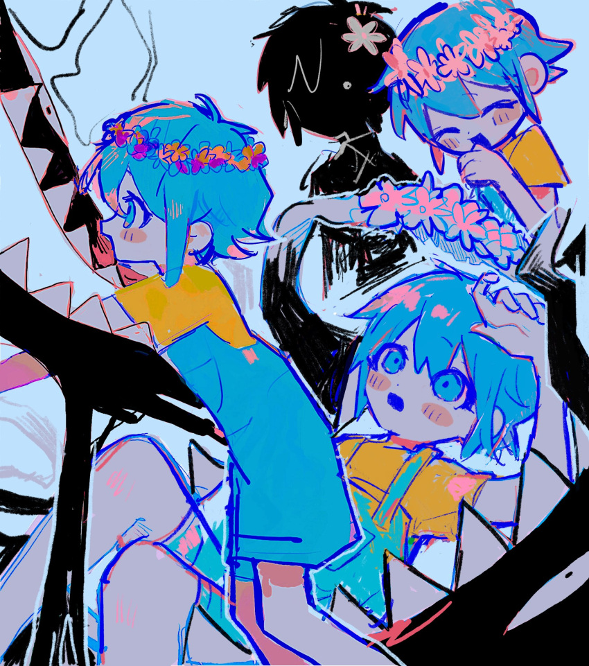 Safebooru - 2boys basil (headspace) (omori) basil (omori) blue overalls blush flower green eyes ...