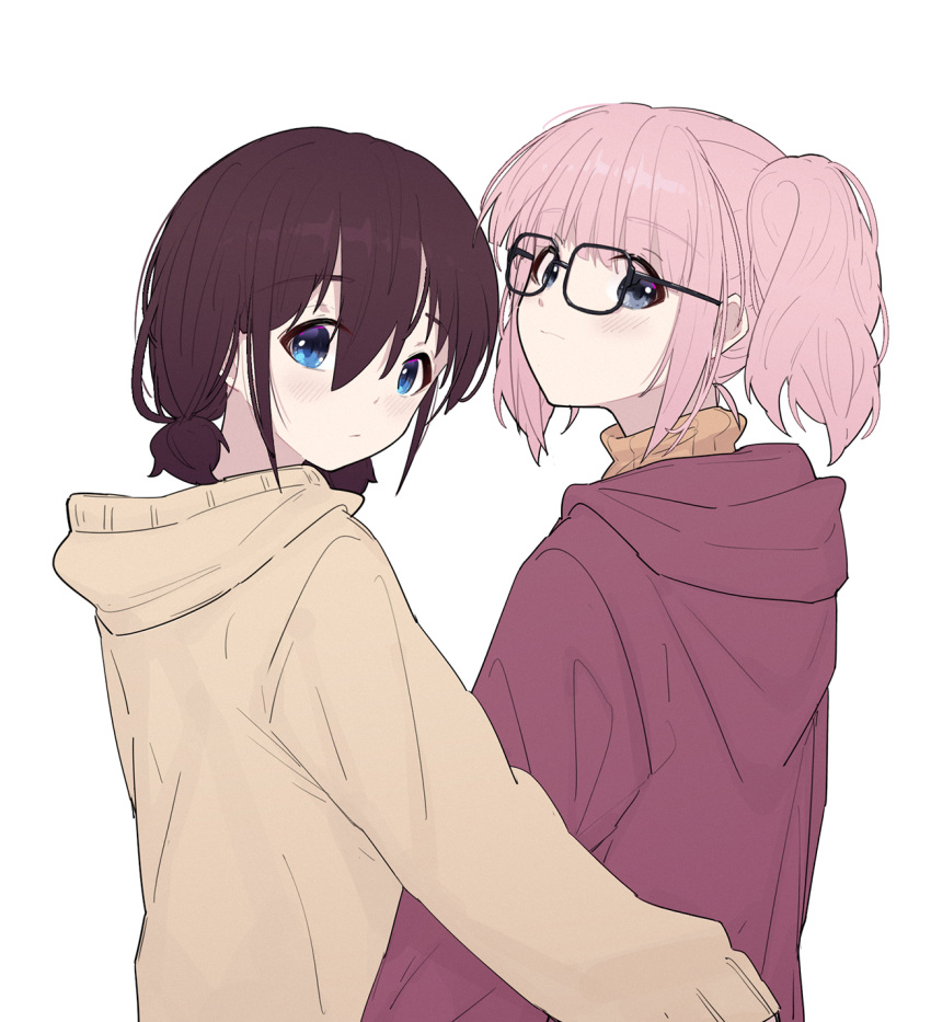 Safebooru - 2girls black-framed eyewear blue eyes brown hair brown jacket brown sweater chinese ...