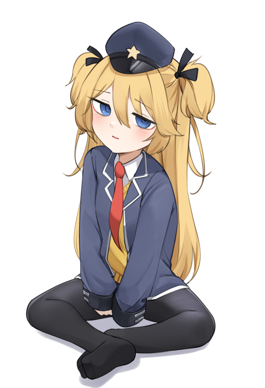 Safebooru - 1girl absurdres black pantyhose black ribbon blonde hair blue eyes blue jacket ...