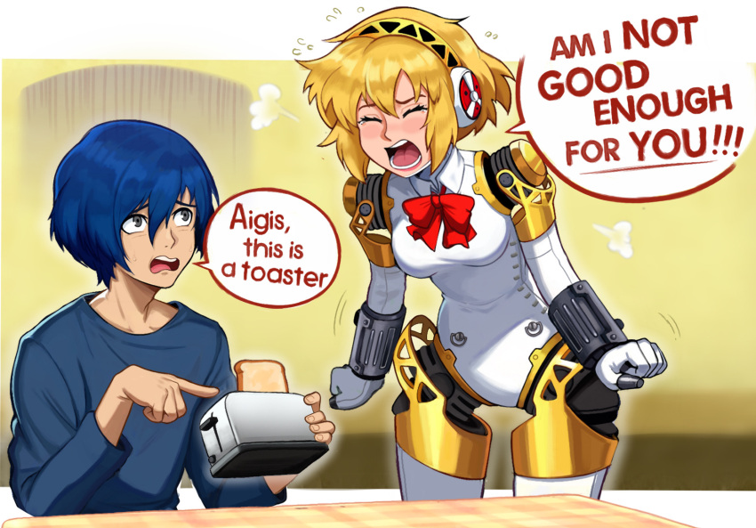 Safebooru - 1boy 1girl aegis (persona) android blonde hair blue hair blue shirt bow bowtie bread ...