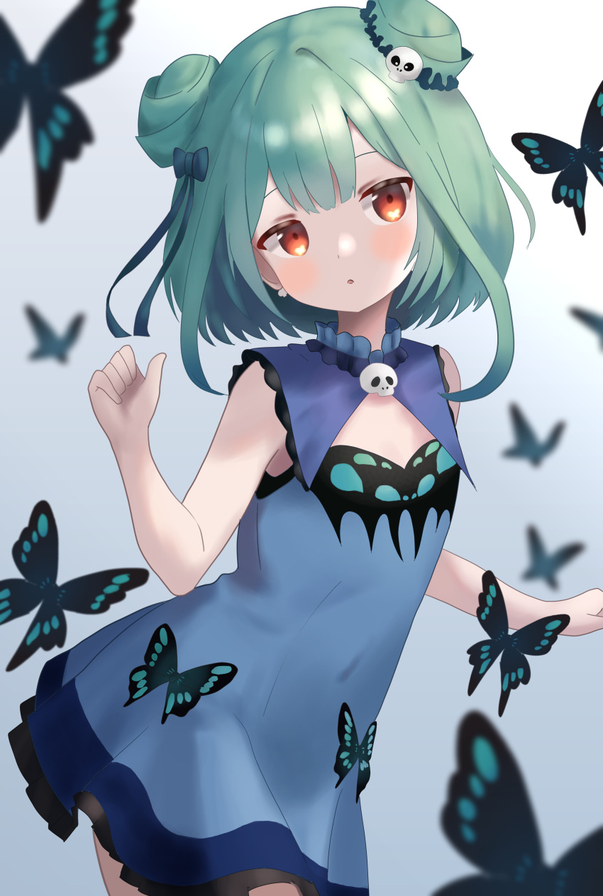 Safebooru - 1girl absurdres blue bow blue dress blush bow bug butterfly double bun dress green ...