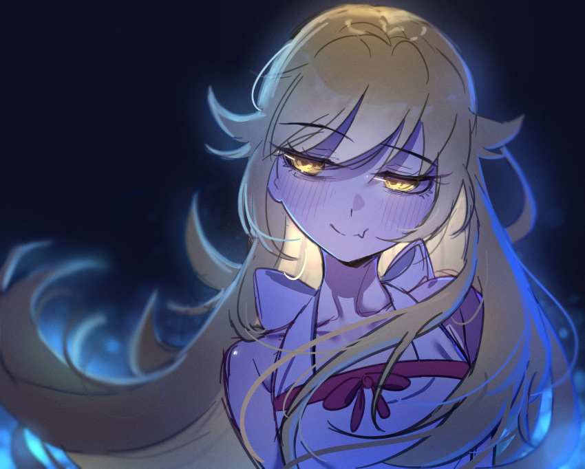 Safebooru - 1girl absurdres bare shoulders blonde hair blush bow fang highres long hair messy ...