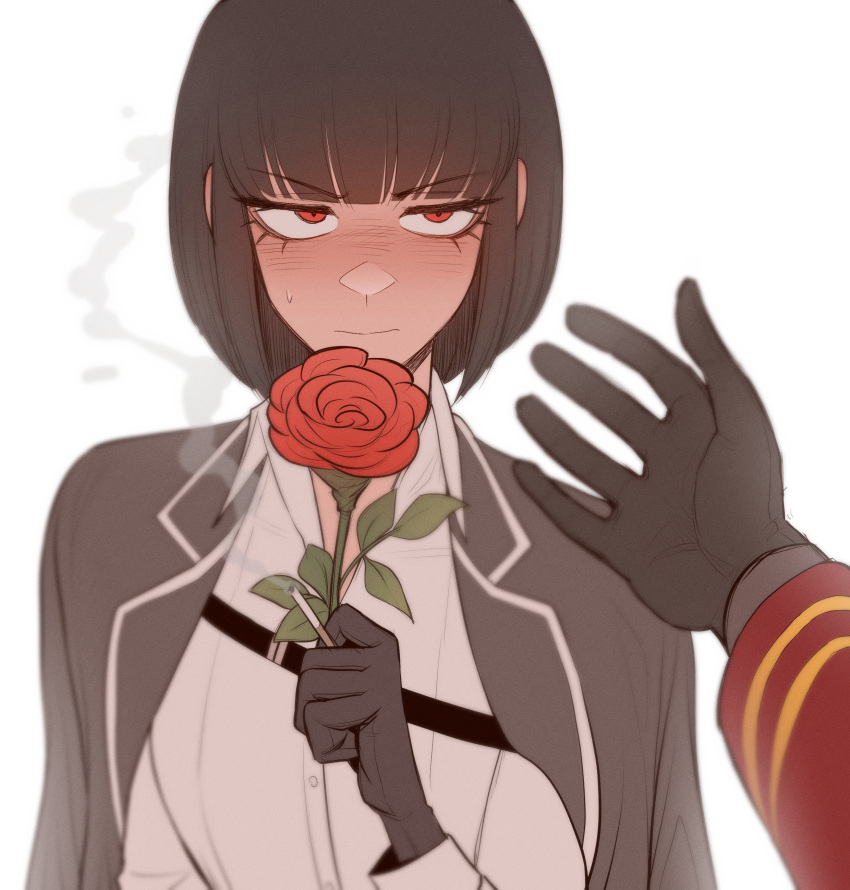 Safebooru - 1girl absurdres black gloves black hair black jacket bob cut cigarette collared ...