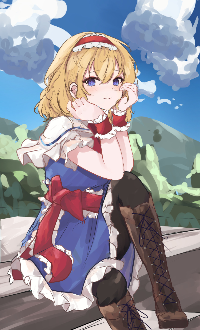 Safebooru - 1girl absurdres alice margatroid black pantyhose blue dress blue eyes blue sky boots ...