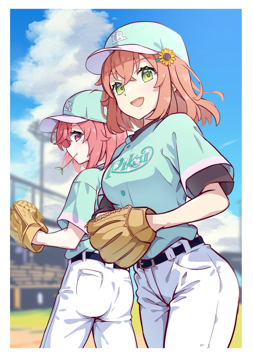 Safebooru - 2girls :d absurdres ass baseball baseball cap baseball mitt baseball stadium ...