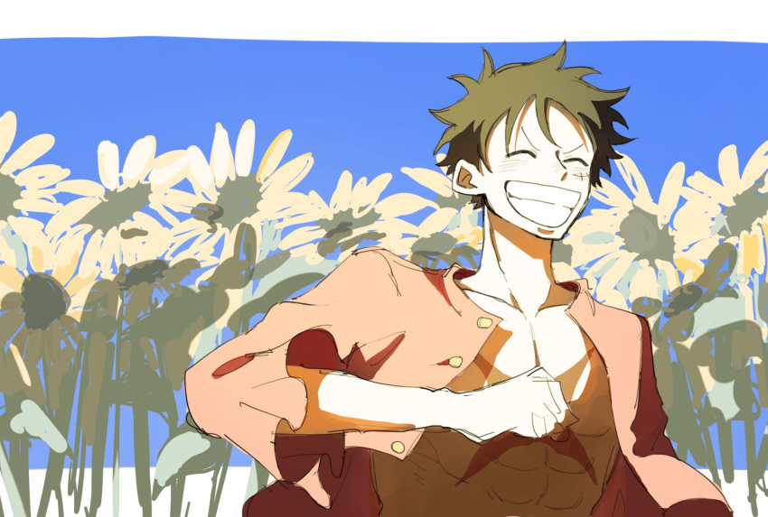 Safebooru - 1boy ^ ^ black hair clenched hand closed eyes field flower ...