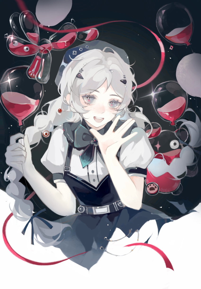 Safebooru - 1girl :d balloon balloon animal balloon party beret black background black bow black ...