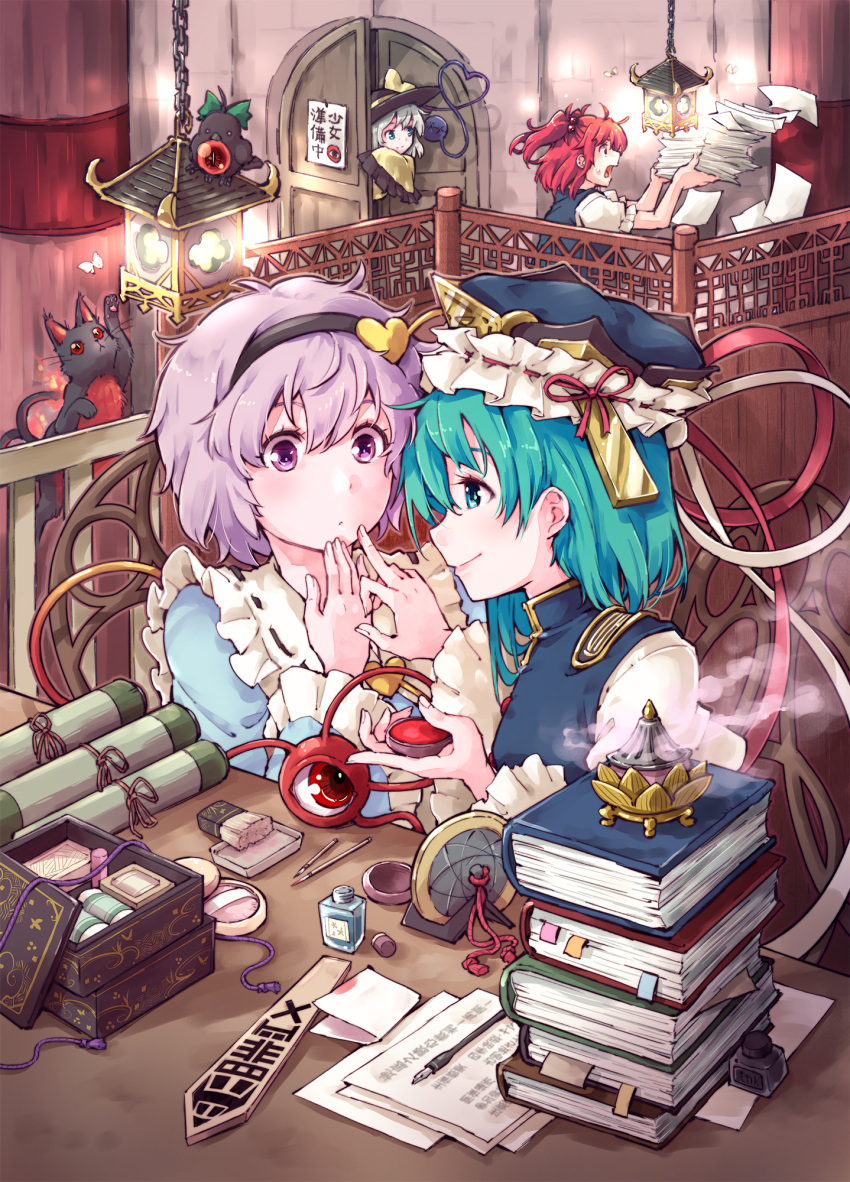 Safebooru - 4girls bird book book stack bookmark cat chinese text commentary request desk ...