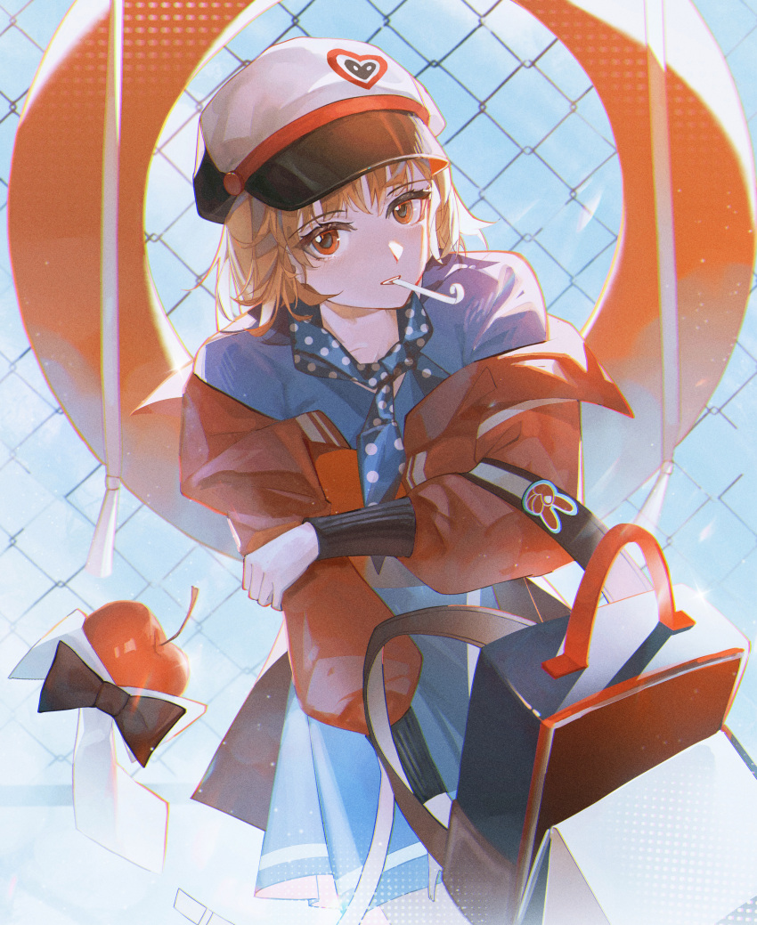 Safebooru - 1girl absurdres apple apple (reverse:1999) backpack bag black bow black bowtie blue ...