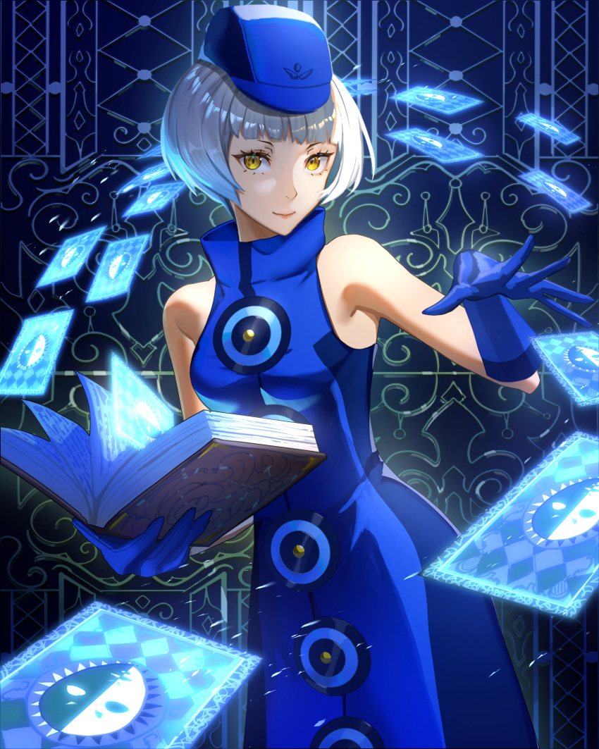 Safebooru - 1girl absurdres bare shoulders blue dress blue gloves blue hat bob cut book card ...