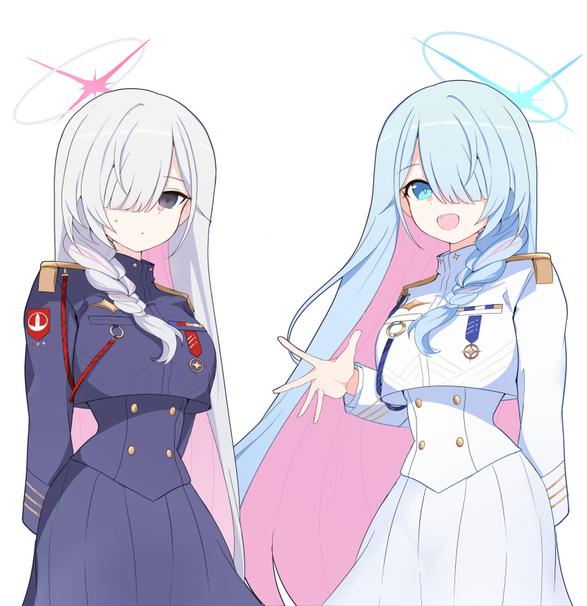 Safebooru - 2girls :d absurdres arm behind back arms behind back black eyes black shirt black ...