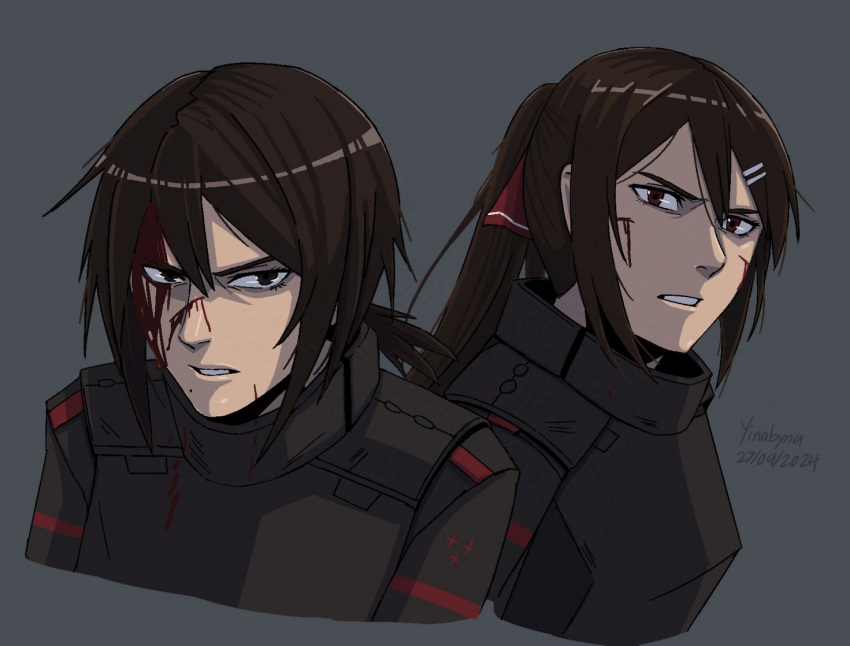 Safebooru - 2girls alina seo armor bleeding bleeding from forehead blood blood on face bow brown ...