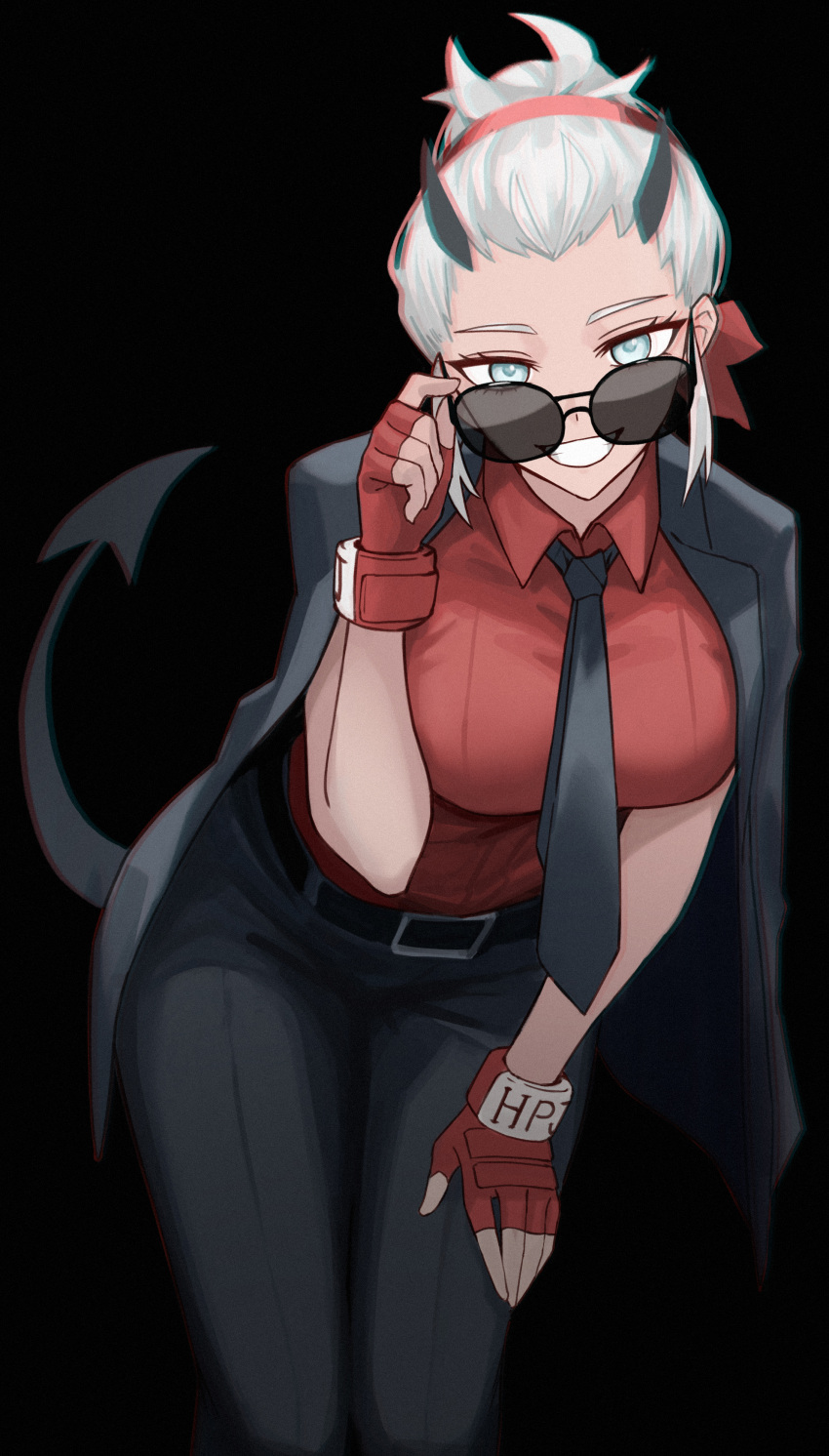 Safebooru - 1girl absurdres adjusting eyewear belt black background black belt black horns black ...