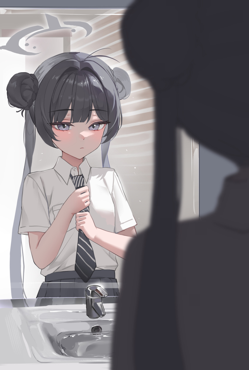 Safebooru - 1girl absurdres adjusting clothes adjusting necktie bathroom black hair black ...
