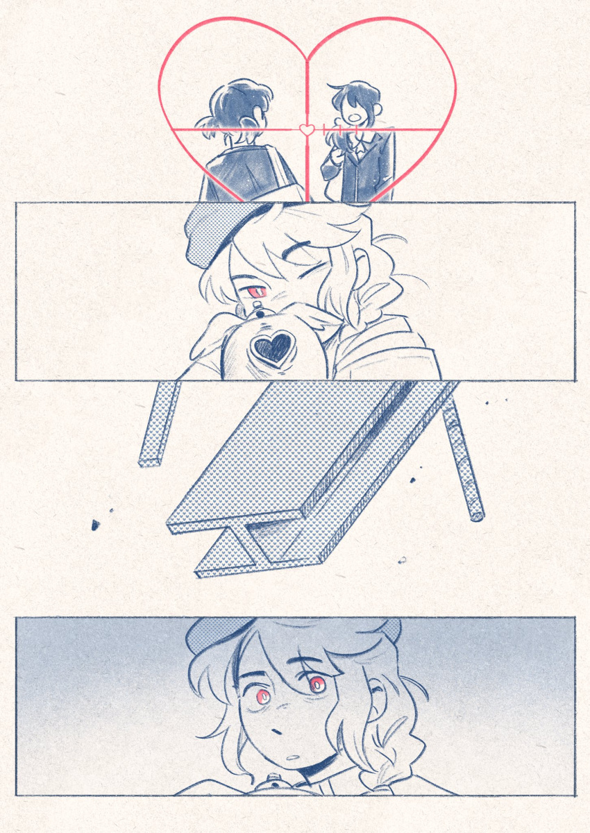 Safebooru - 3girls aiming bag beret braid crosshair cupid gun hat ...