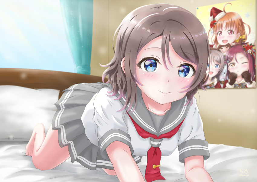 Safebooru Absurdres All Fours Bed Bedroom Blue Eyes Breasts Brown