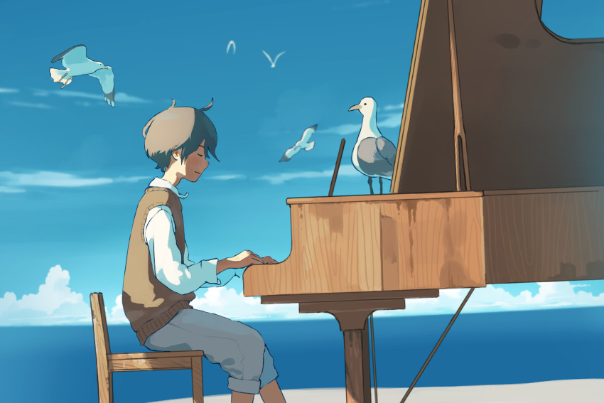 Safebooru - 1boy bird black hair blue sky brown sweater vest clouds day from side grey pants ...