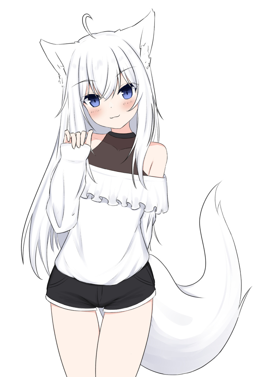 Safebooru - 1girl absurdres ahoge animal ear fluff animal ears bare shoulders black shorts blue ...