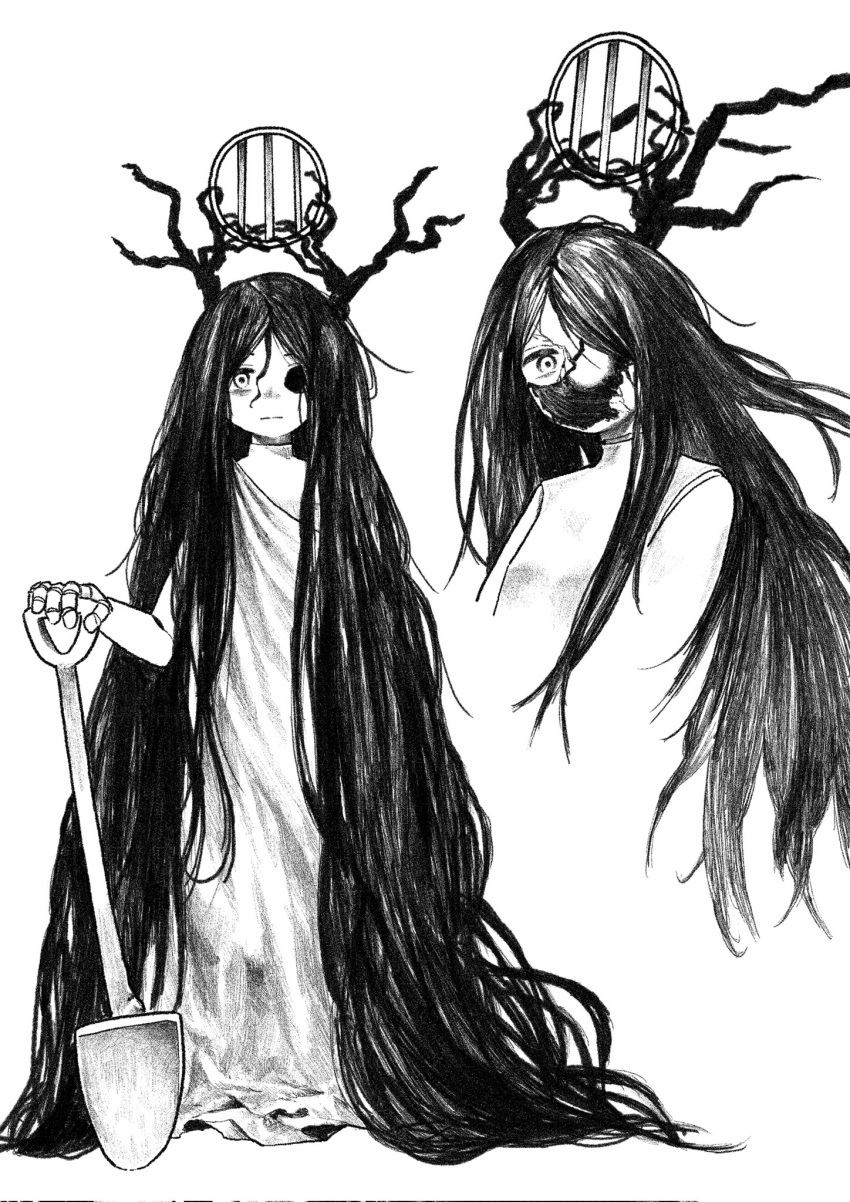 Safebooru - 1girl black hair disfigured dress greyscale highres holding holding shovel horns ...