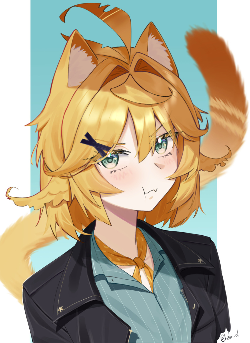 Safebooru - 1girl :t ahoge animal ears aqua eyes aqua shirt black jacket blonde hair cat ears ...