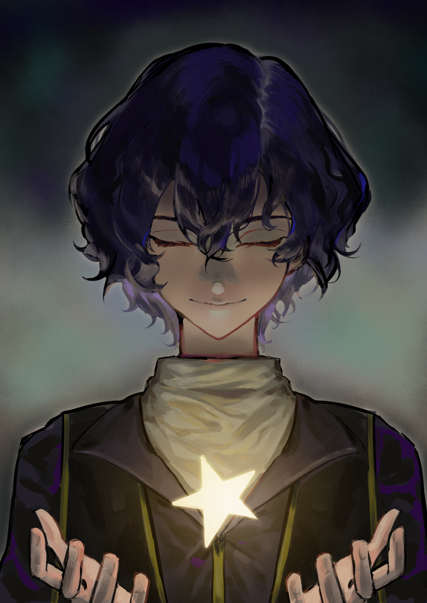 Safebooru - 1boy absurdres black jacket blue hair chinese commentary closed eyes closed mouth ...