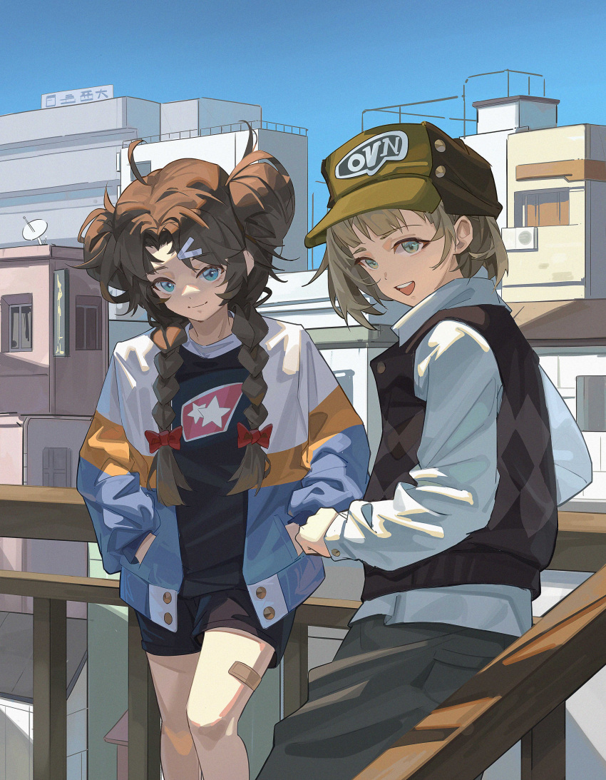 Safebooru - 1boy 1girl :d absurdres against railing ahoge alternate costume argyle clothes ...