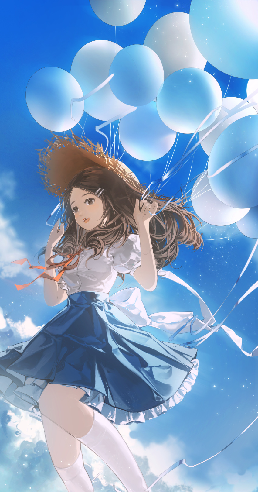 Safebooru - 1girl absurdres back bow balloon bare arms blouse blue skirt blue sky bow brown eyes ...