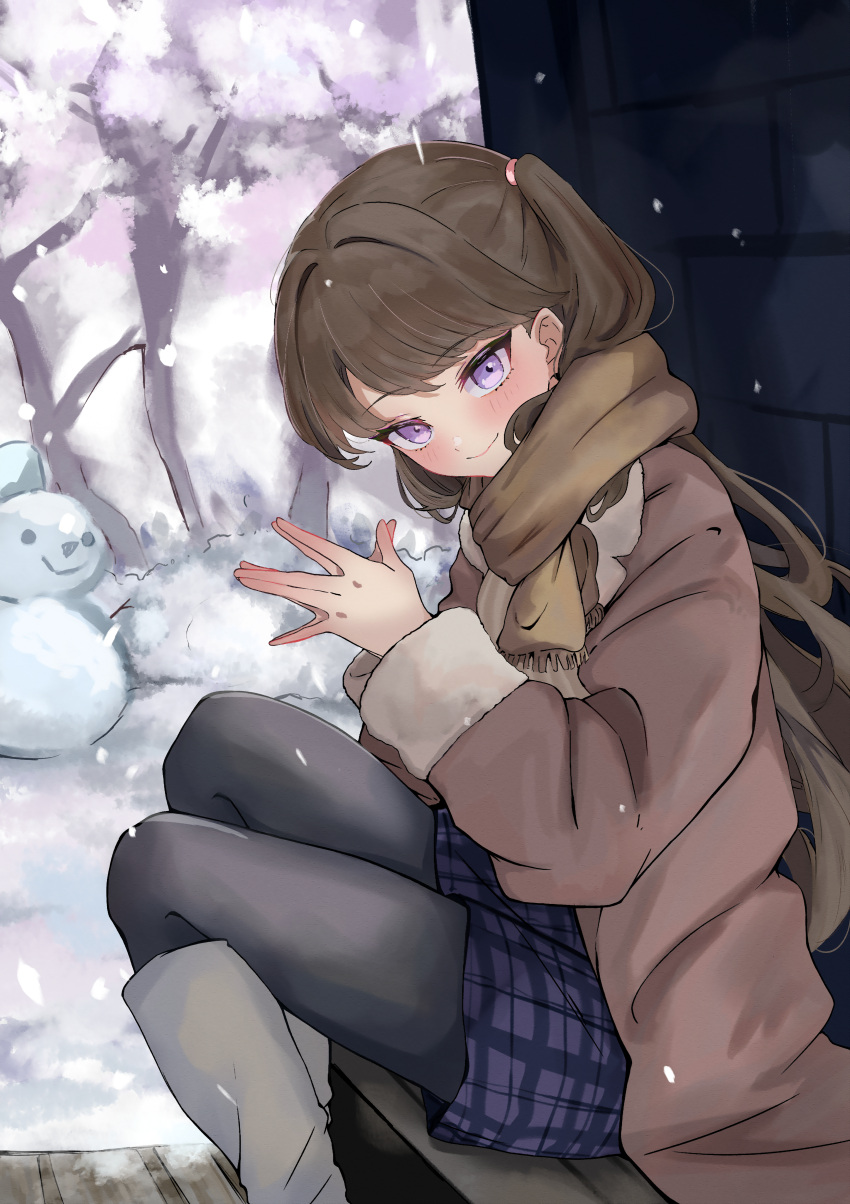 Safebooru - 1girl absurdres black pantyhose blush boots brown coat brown hair brown scarf closed ...