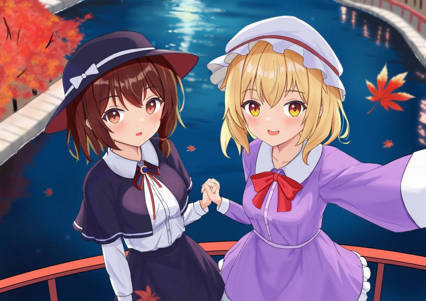 Safebooru - 1048334293 2girls :d absurdres autumn leaves black capelet ...