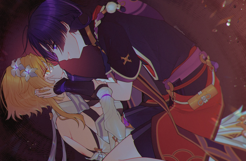 Safebooru - 1boy 1girl absurdres amano hotaru (hotaama) aqua flower arm cutout armor black ...