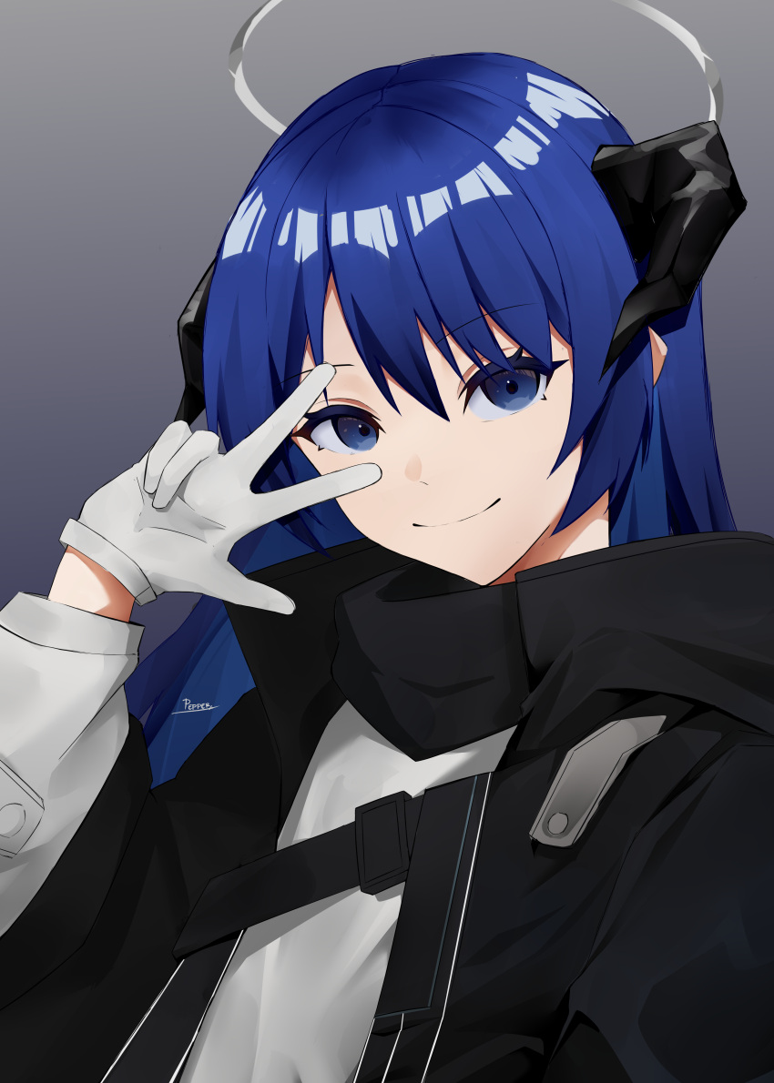 Safebooru - 1girl absurdres arknights black jacket blue eyes blue hair closed mouth demon horns ...