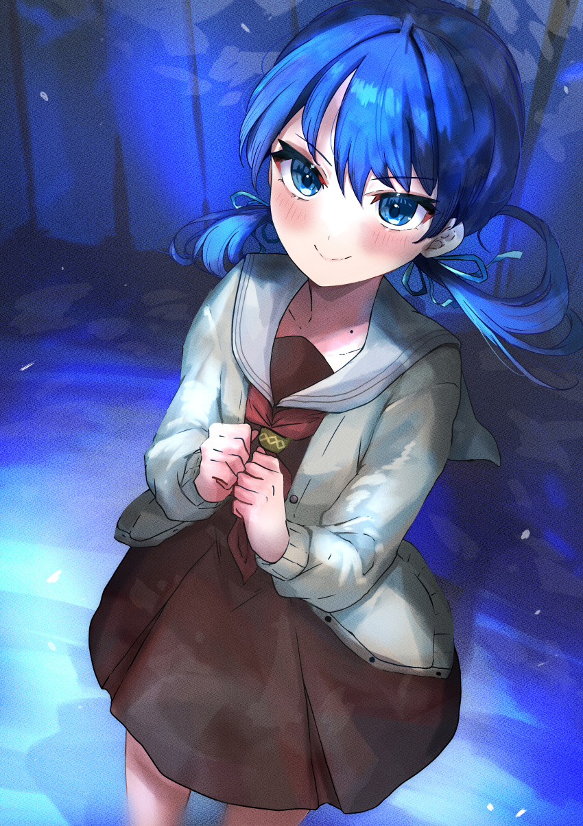 Safebooru - 1girl absurdres blue eyes blue hair blue ribbon blush brown cardigan brown dress ...