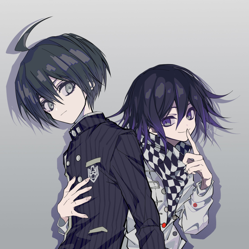 Safebooru - 2boys ahoge bishounen black hair buttons checkered clothes ...