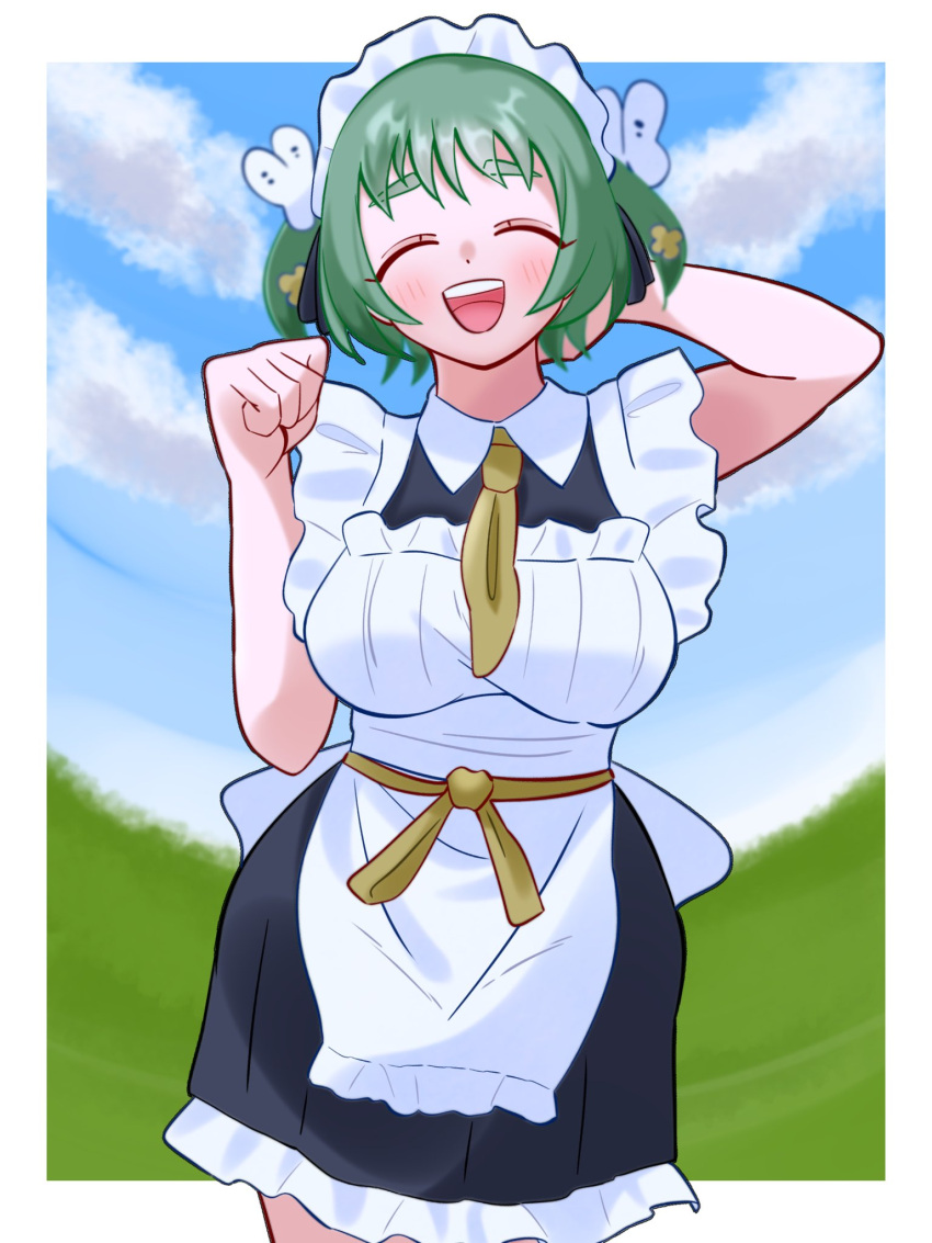 Safebooru - 1girl alternate costume apron arm behind head breasts bug ...