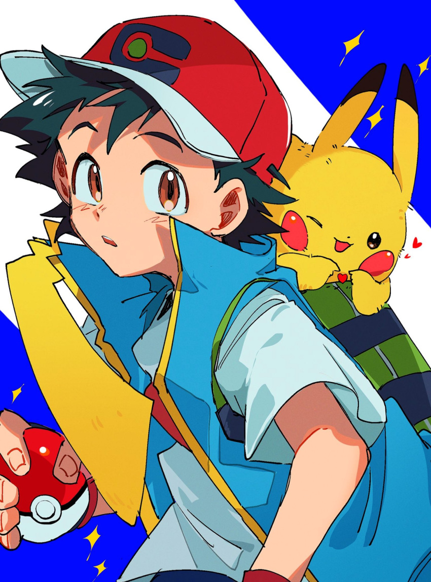 Safebooru - 1boy ash ketchum baseball cap black hair blue jacket brown ...