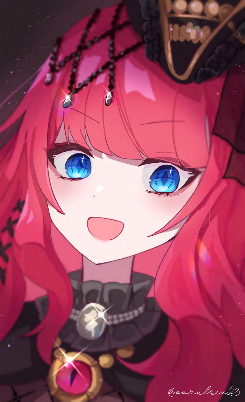 Safebooru - 1girl absurdres akatsuki hotaru black background black dress black hat blue eyes ...