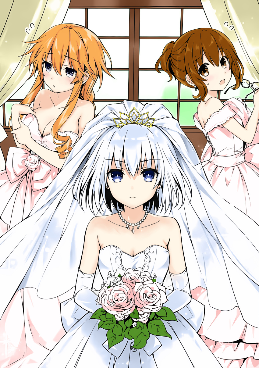 Safebooru - 3girls absurdres bare shoulders bead necklace beads blue eyes breasts bridal veil ...