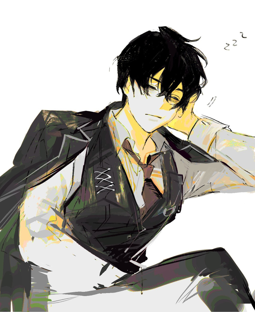 Safebooru - 1boy black coat black hair black pants black vest closed eyes closed mouth coat coat ...
