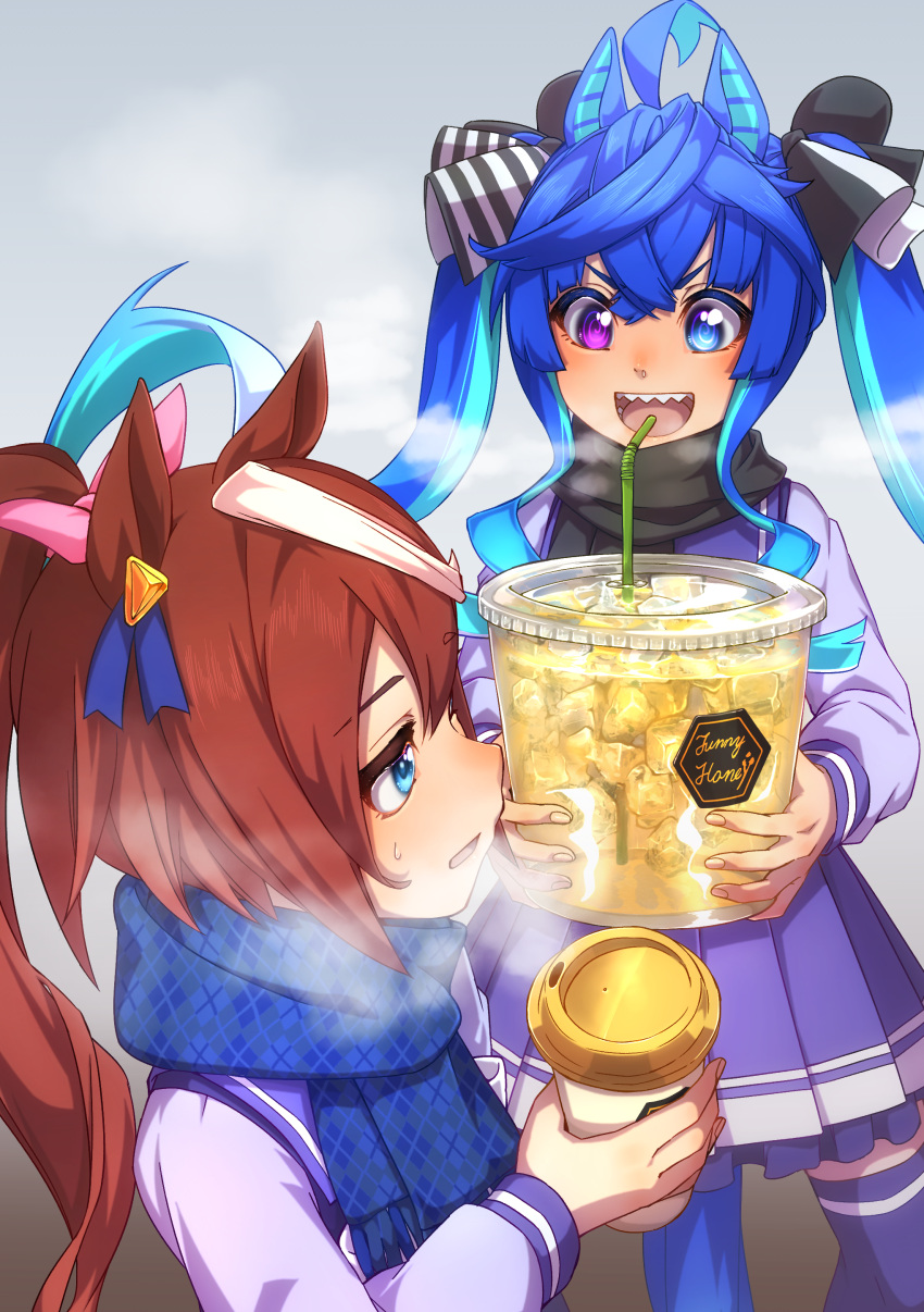 Safebooru - 2girls @ @ absurdres ahoge animal ears aqua hair argyle clothes argyle scarf black ...