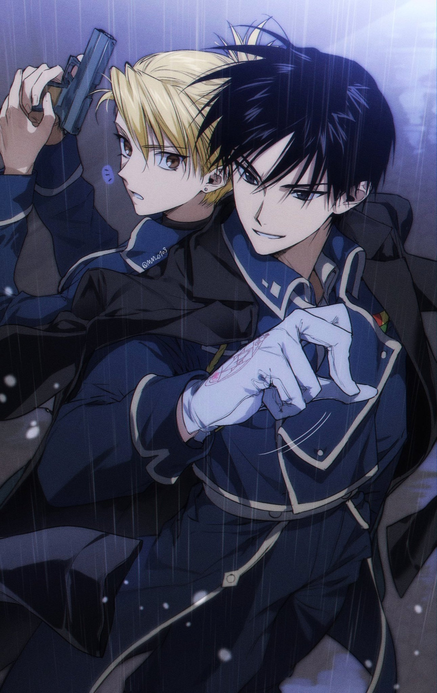 Safebooru - 1boy 1girl back-to-back black coat black eyes black hair blonde hair blue jacket ...