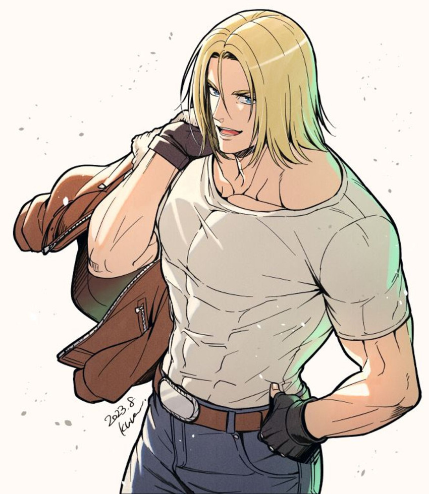 Safebooru - 1boy belt belt buckle black gloves blonde hair blue eyes blue pants brown belt brown ...