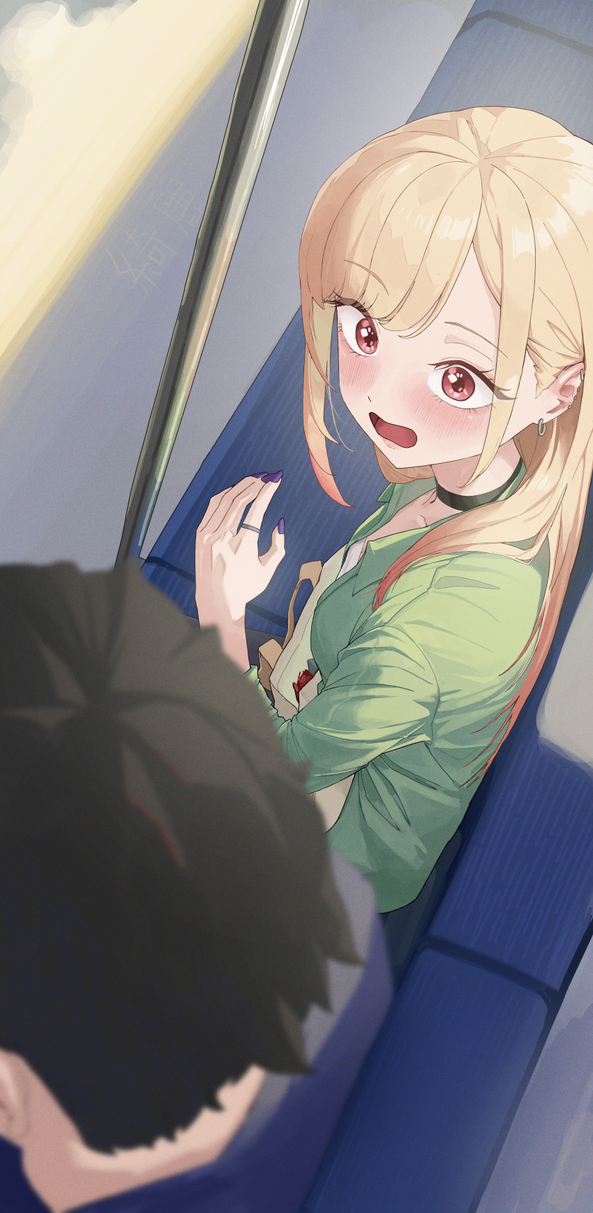 Safebooru - 1boy 1girl absurdres black choker black hair blonde hair blush choker commentary ...