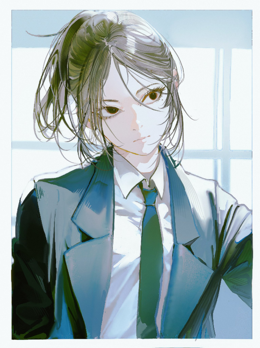 Safebooru - 1girl black eyes black hair black jacket black necktie border closed mouth collared ...