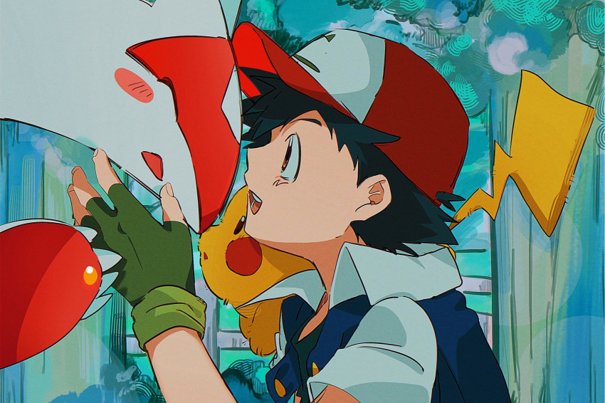 Safebooru - 1boy ash ketchum black hair black shirt blush brown eyes ...