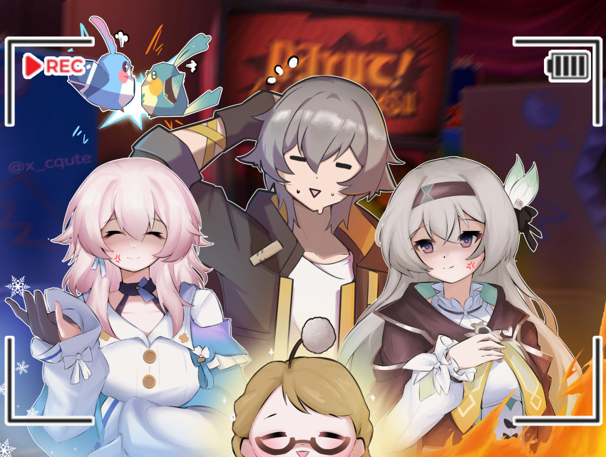 Safebooru - 2boys 2girls :> anger vein angry black gloves black ...