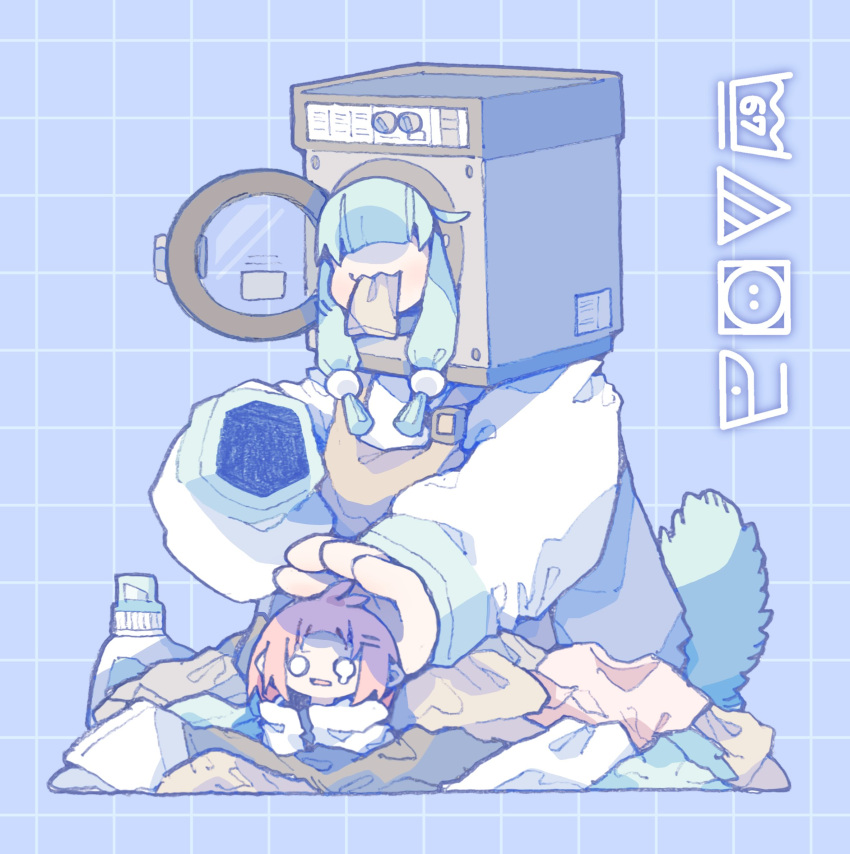 Safebooru - 2girls apron bad id bad twitter id blue background blue hair blunt bangs brown apron ...