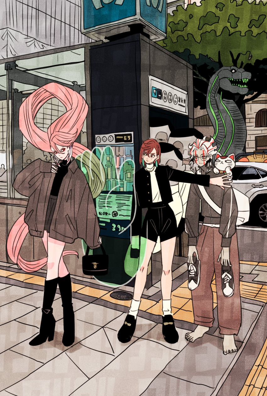 Safebooru - 1boy 2girls ayase momo barefoot black footwear black jacket ...